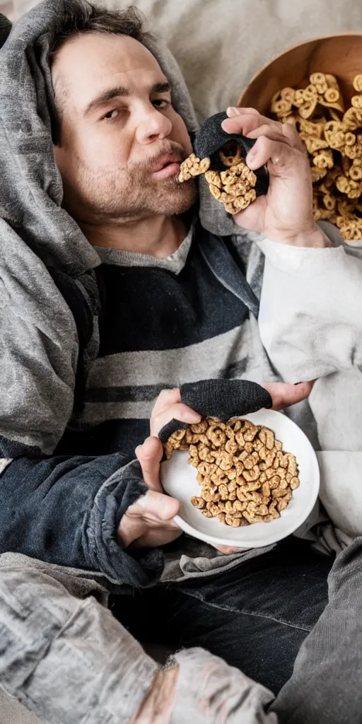 a man eating cereal out of a sock that is made from, | Stable Diffusion ...