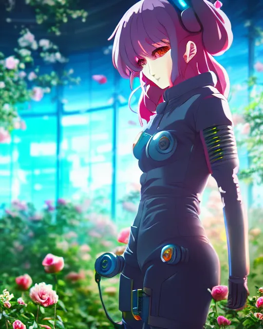 cyborg girl in cyberpunk rose garden, contemplation, | Stable Diffusion