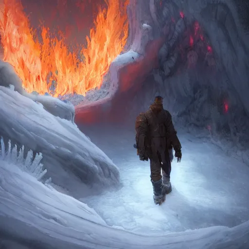 a man explores the icy corners of hell, fire demons, | Stable Diffusion | OpenArt