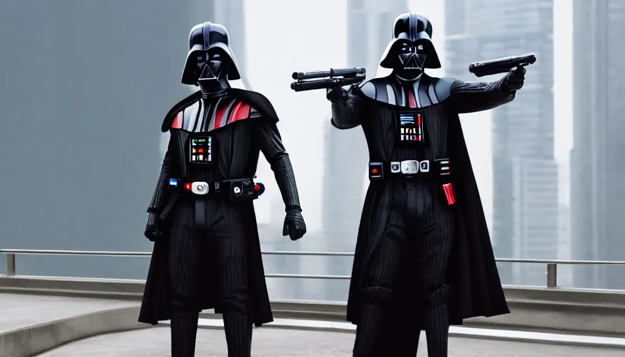 Darth Vader pointing a tommy gun at Deadpool, epic | Stable Diffusion ...