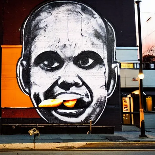 obey graffiti of a man eating a potato, night time | Stable Diffusion ...
