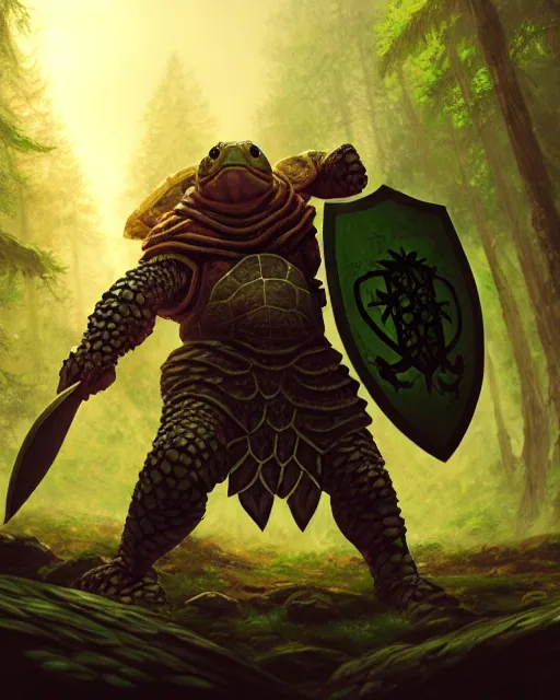 Turtle Warrior holding huge shield, forest background, | Stable Diffusion