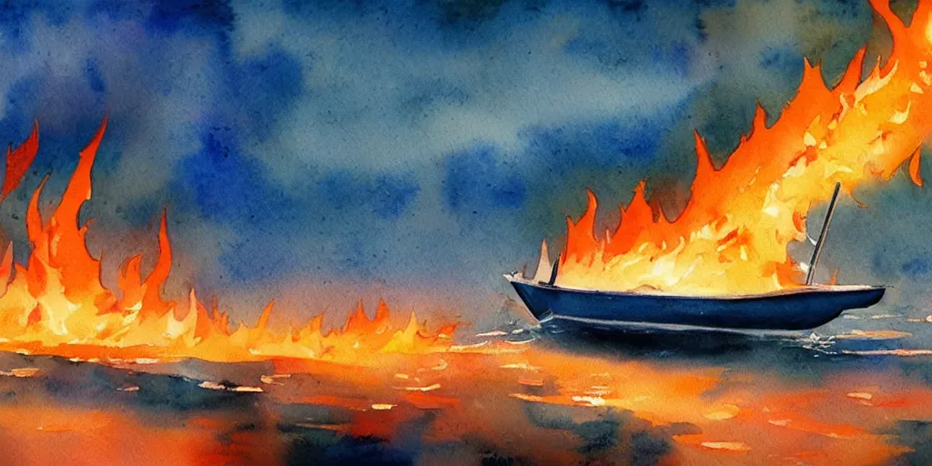 A watercolor painting of a boat burning in the ocean, | Stable ...