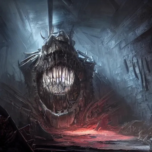 a spiky eldritch evil mechanical mouth in a dark | Stable Diffusion