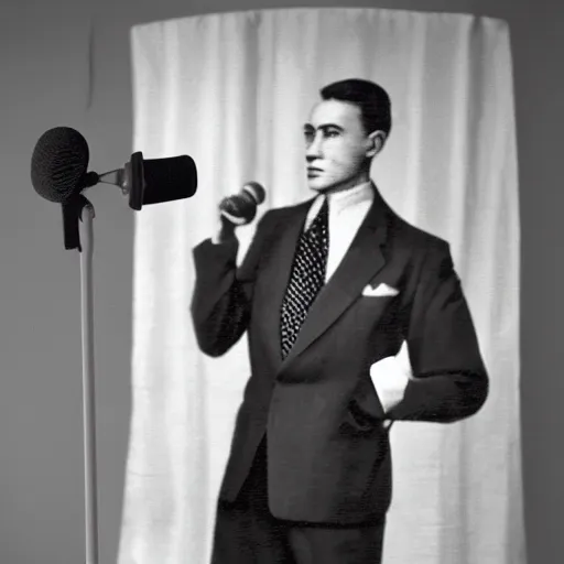 A 1940's reporter in a suit with a microphone, hyper | Stable Diffusion ...