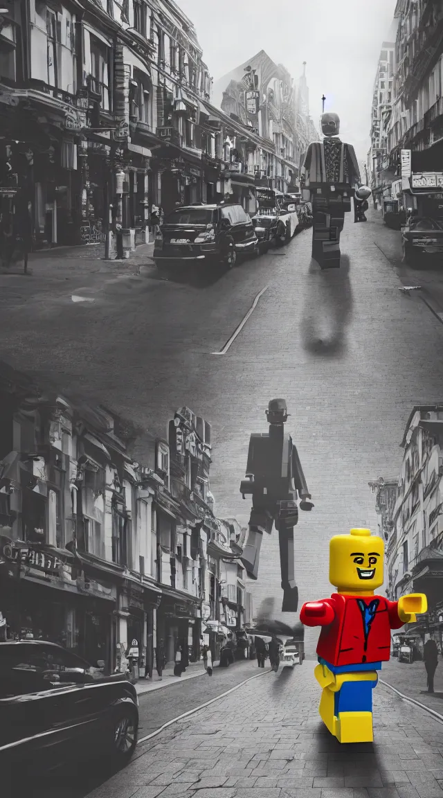 hyperrealistic giant lego man walking through street, | Stable Diffusion