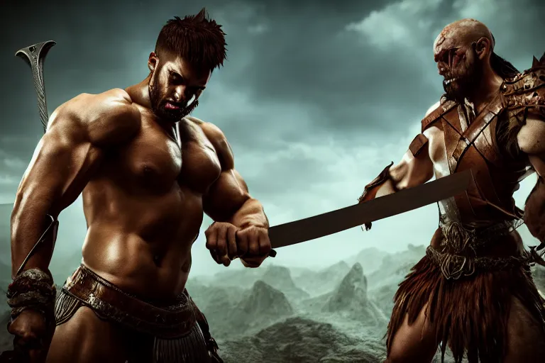 wounded muscular man with sword and shield, fantasy, | Stable Diffusion ...