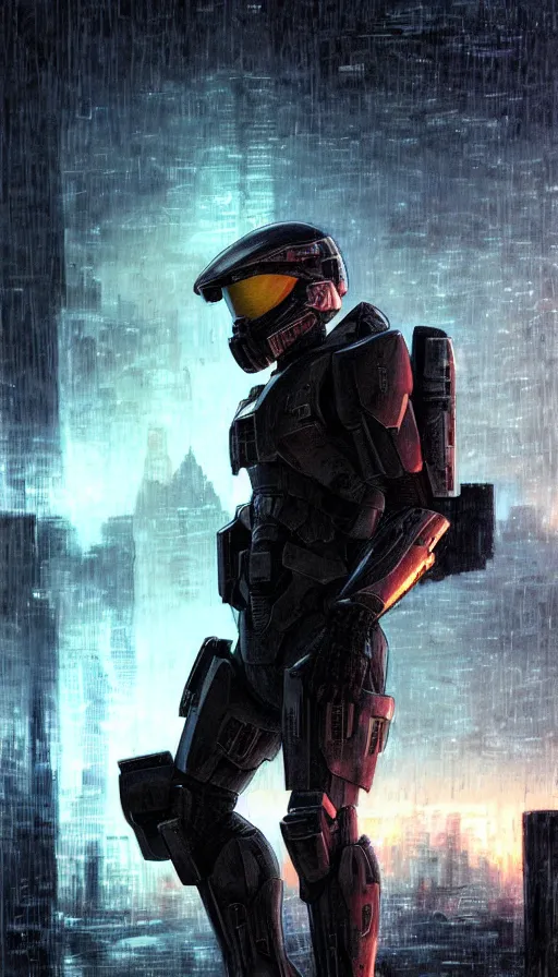 close shot of a hopeful odst looking at the rainy | Stable Diffusion