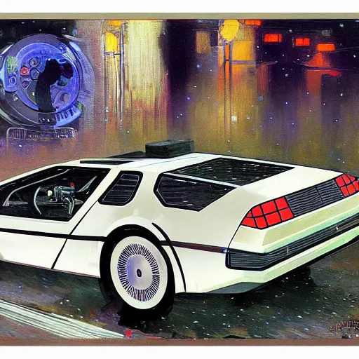 futuristic delorean time machine at night in the rain | Stable ...