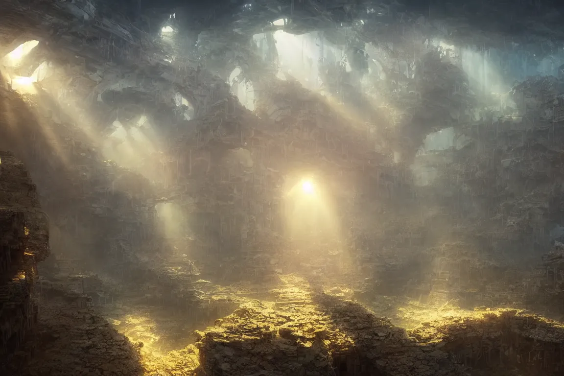 sunbeams shining through underwater city ruins, oil | Stable Diffusion ...