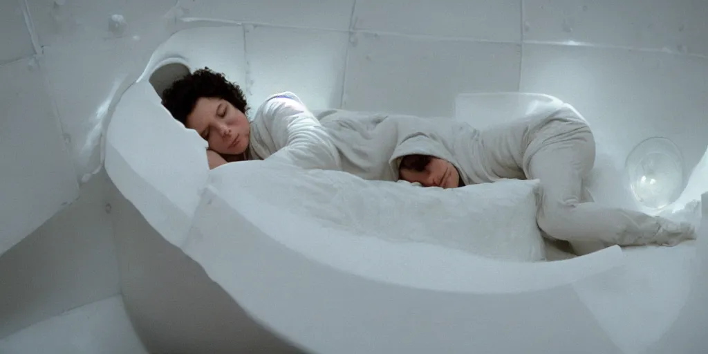 a wide shot of Ripley sleeping inside an all-white | Stable Diffusion ...