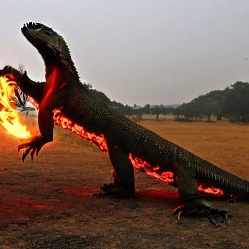 An enormous monitor lizard made of fire. It has wings | Stable Diffusion