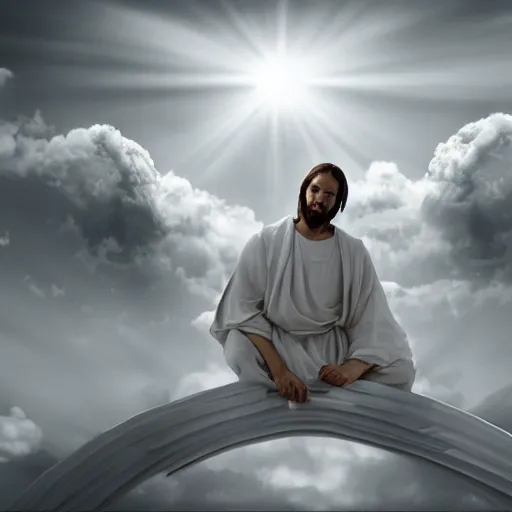 jesus sitting on a white chair with his Angels flying | Stable Diffusion