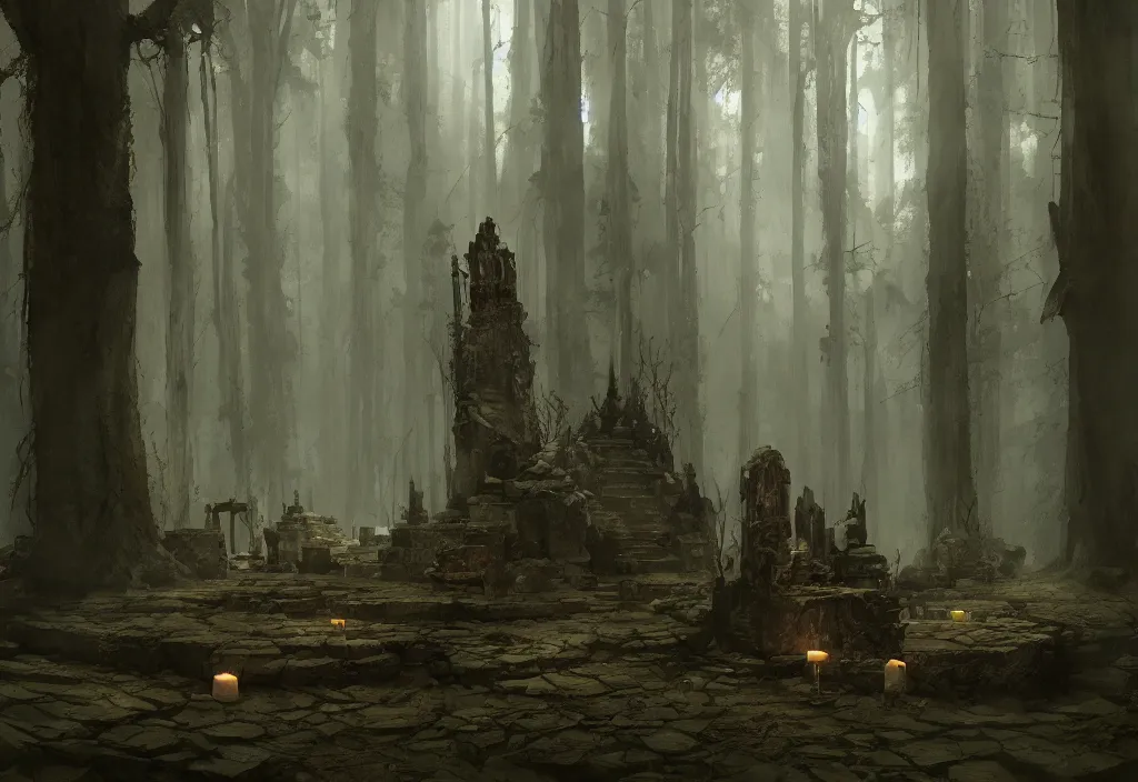 photo of dark altar in the woods, candles, ruined | Stable Diffusion