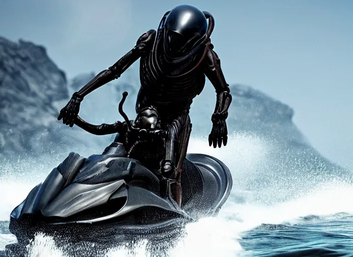 film still of alien!! xenomorph!! jet skiing in the | Stable Diffusion ...
