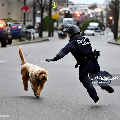 a dog wearing a policeman uniform, chasing a robber | Stable Diffusion