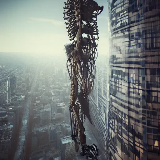 giant human skeleton climbing side of a ( ( skyscraper | Stable ...