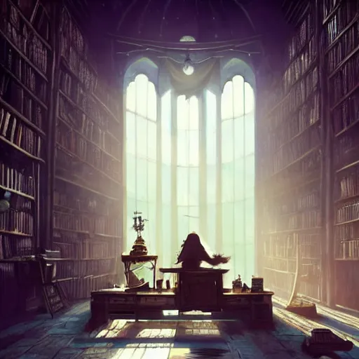 Inside an immense fantasy library, sunlight pours | Stable Diffusion ...