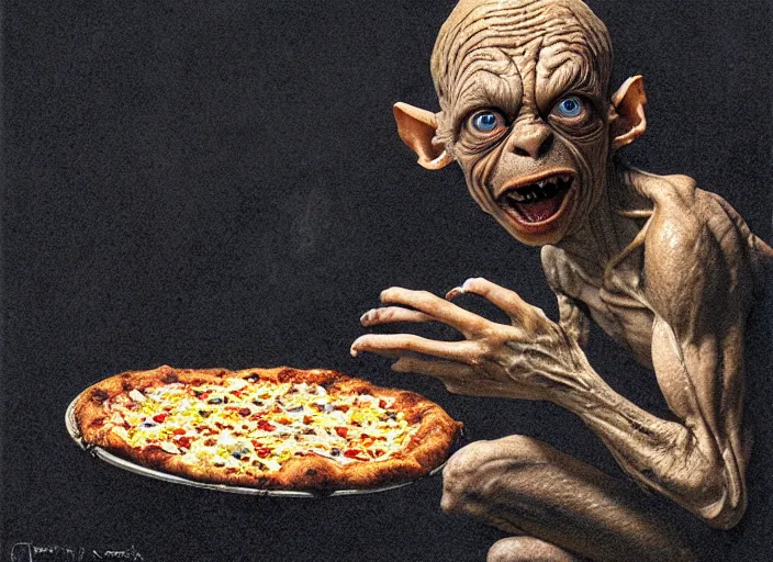 gollum smeagol grotesque croutching over a pizza, feet | Stable ...