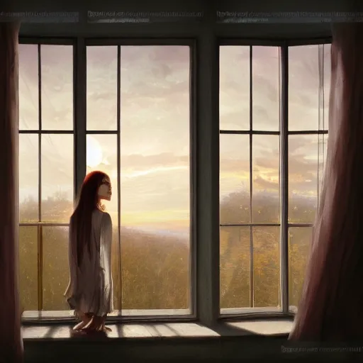 young beautiful woman, view from window, sunset, high | Stable ...