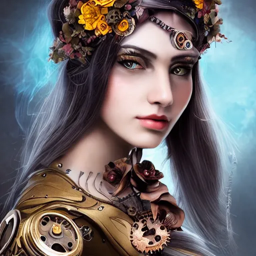 portrait beautiful steampunk cyborg woman with flowers | Stable ...