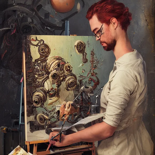 biomechanoid artist painting a self - portrait on a | Stable Diffusion ...