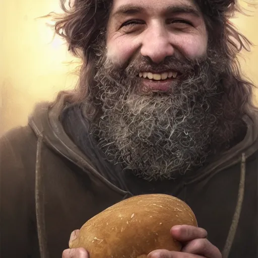 Epic portrait A happy homeless man holding loaf of | Stable Diffusion ...