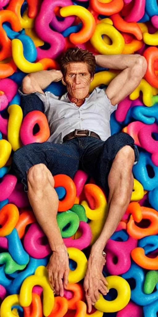 Willem Dafoe laying in froot loops, movie poster | Stable Diffusion ...