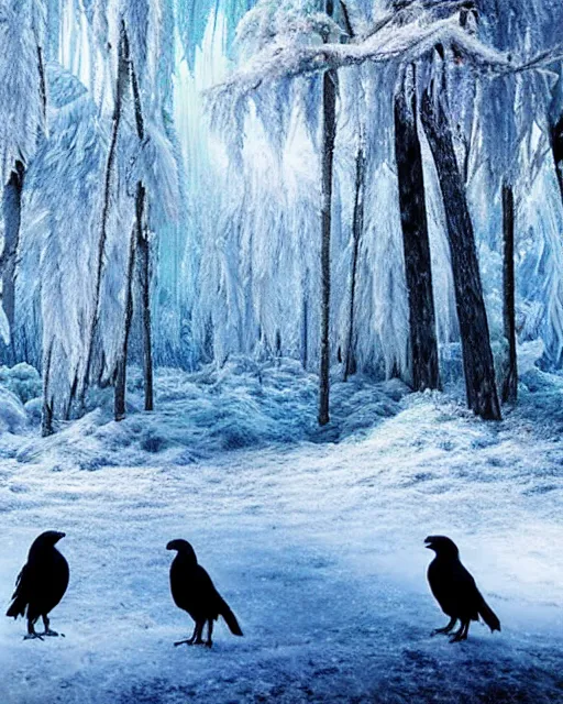 realistic scene of frozen forest and ravens, 8k, ultra | Stable ...
