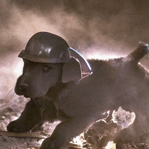 puppy working in a dusty coal mine, wearing hard hat, | Stable ...