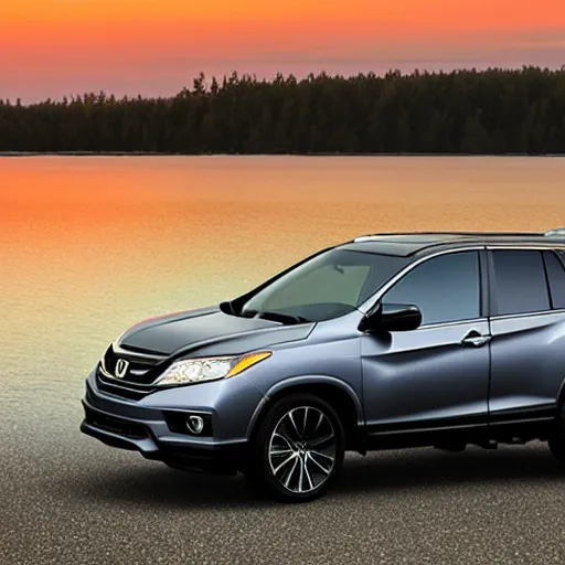 grey honda suv in parking lot behind lake, cloudy | Stable Diffusion ...