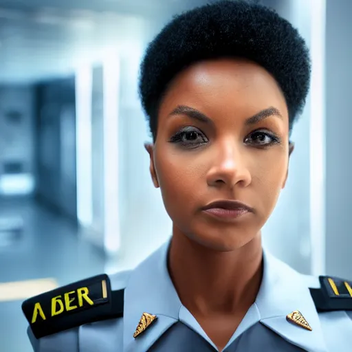a futuristic female security guard with brown skin and | Stable Diffusion