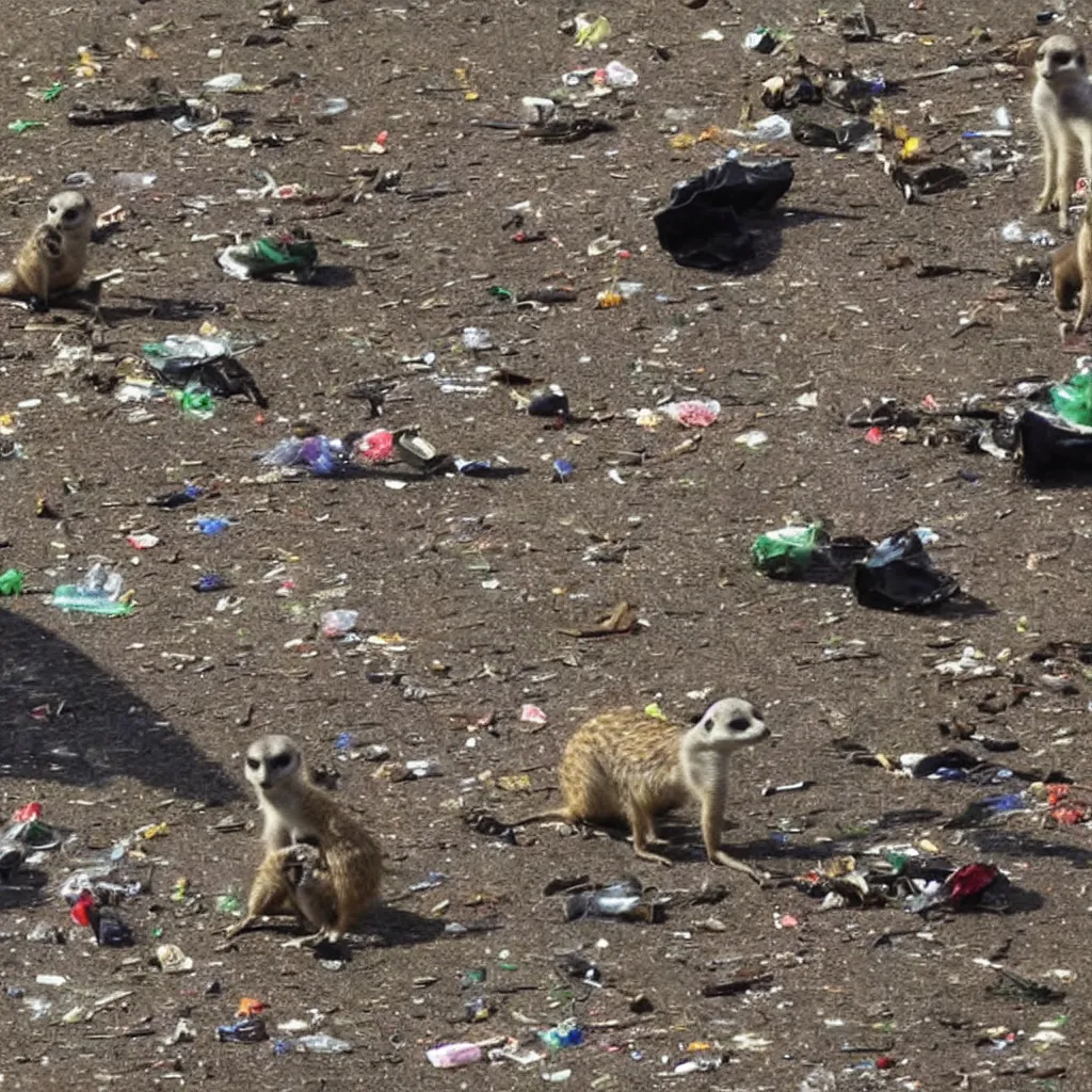 a meerkat picking with trash on the ground, litter in | Stable ...
