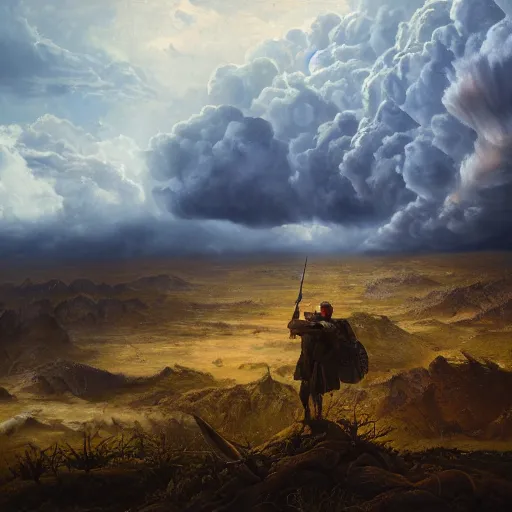 lone warrior final stand against army, battlefield, | Stable Diffusion