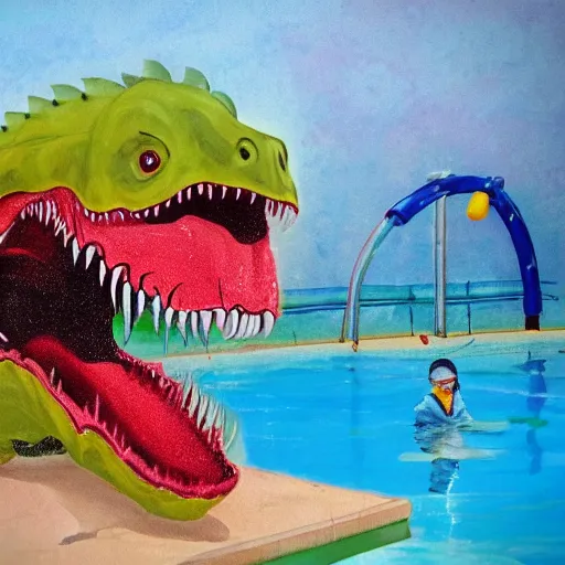 tyrannosaurus in a swimming pool by the seaside | Stable Diffusion ...