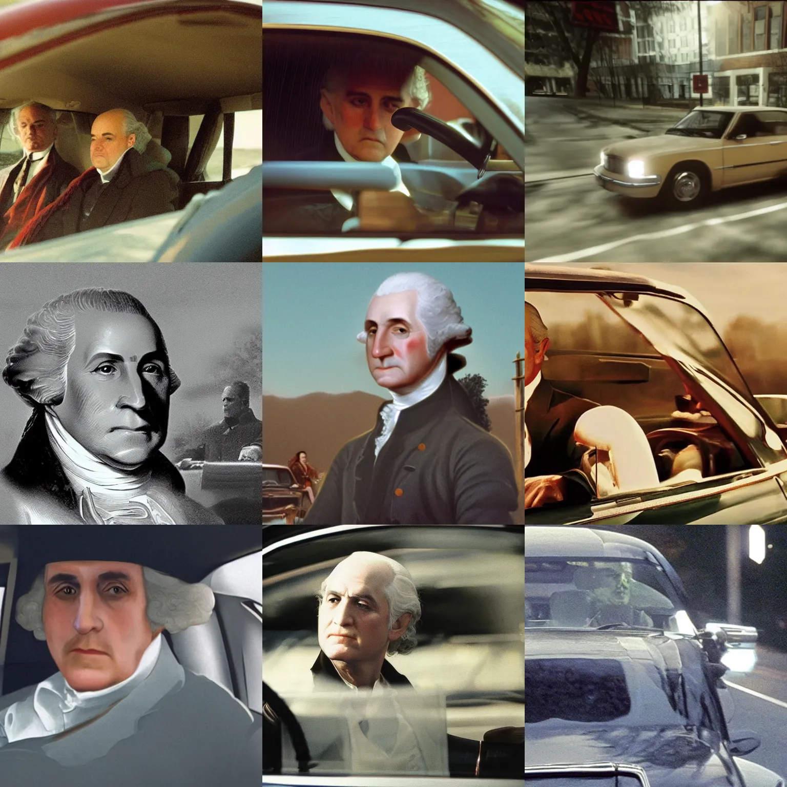 george washington driving a car, still from the the | Stable Diffusion