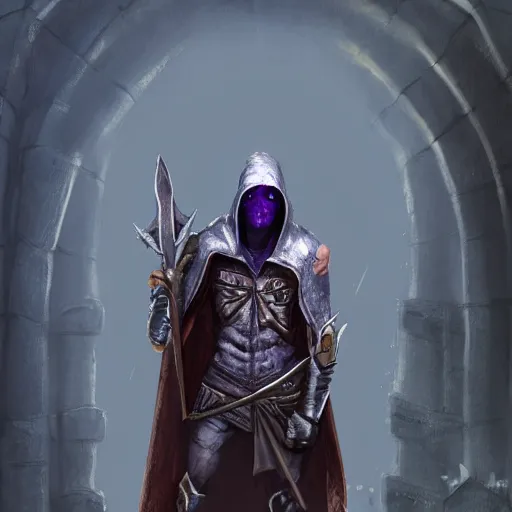 Hooded man in purple wielding an axe inside a decaying | Stable Diffusion