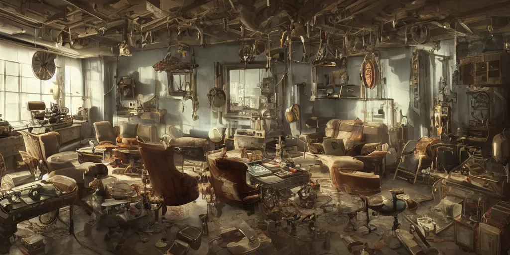 the living room of a crazy inventor, gadgets and gears | Stable ...