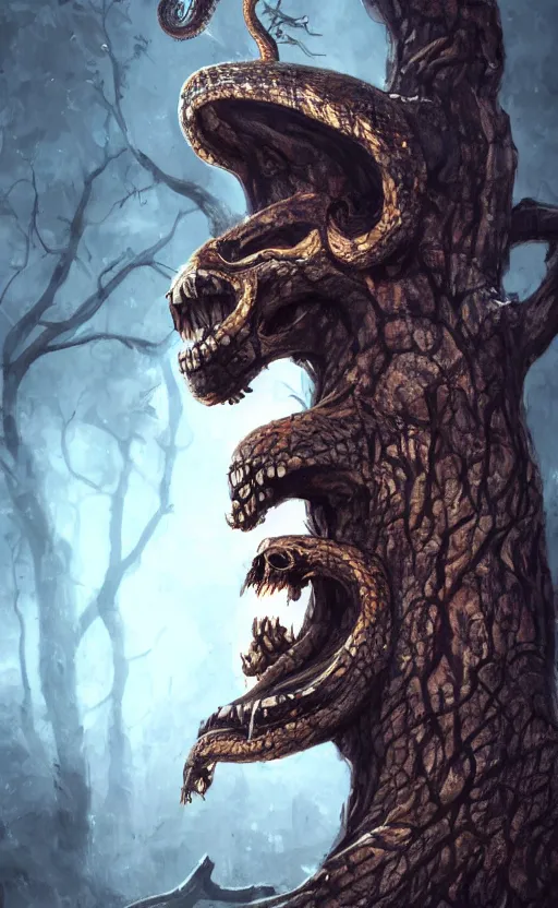 a skull on a tree stump with a snake coming out of the | Stable ...