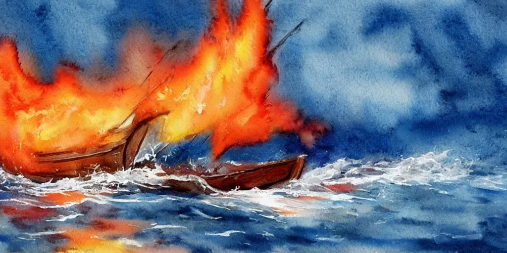 A watercolor painting of a boat burning in the ocean, | Stable ...