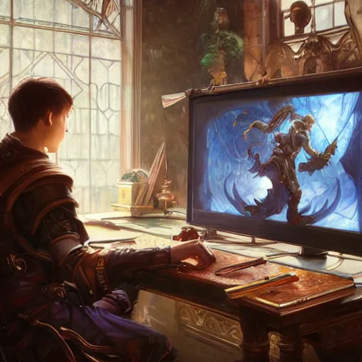 a boy with ultima online game on the computer screen | Stable Diffusion ...