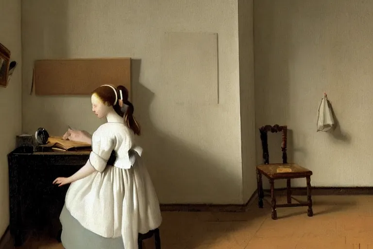 a young lady in a baroque white dress, studying with | Stable Diffusion