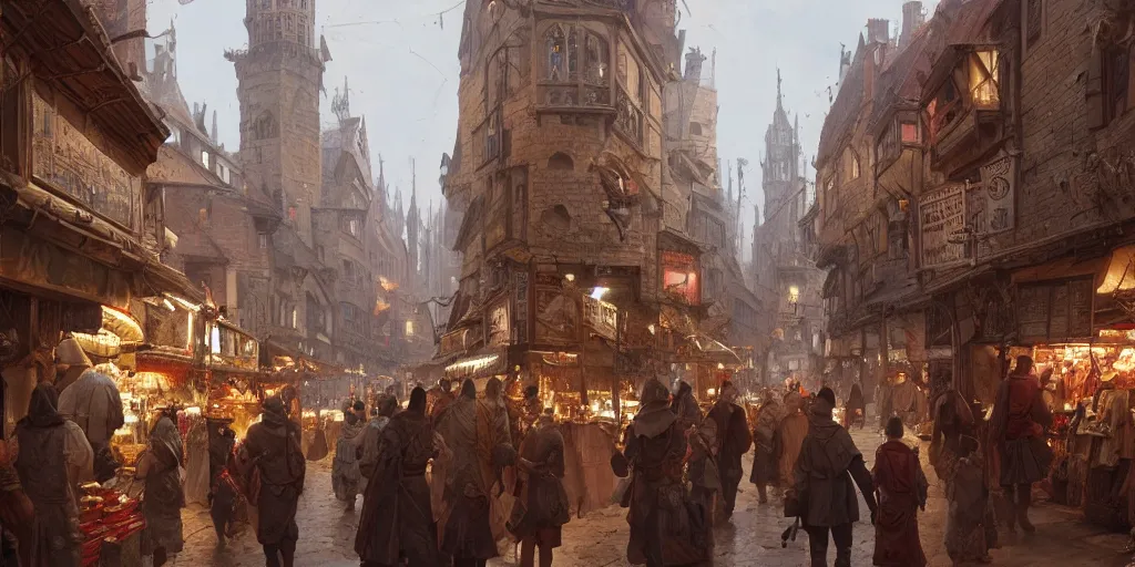 photo of a medieval busy market street. architecture. | Stable Diffusion