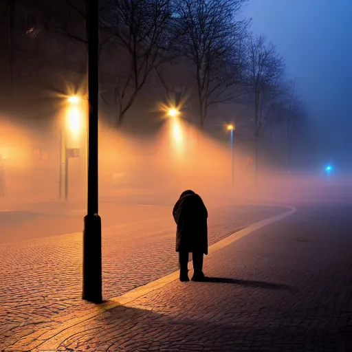 homeless man at bus stop with warm tinted strrt light | Stable ...