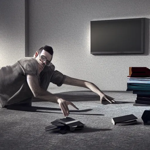 a man laying on the ground next to a stack of | Stable Diffusion | OpenArt