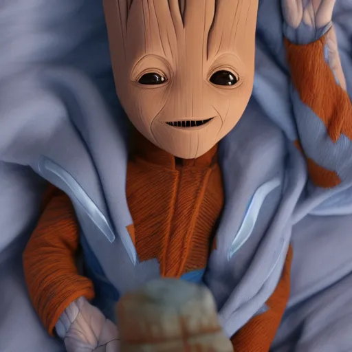 Baby Groot is fast asleep and snuggled up in bed, | Stable Diffusion ...