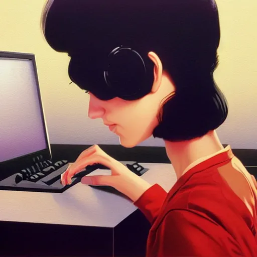 hacker girl bows to a computer in the 1 9 8 0 s, | Stable Diffusion ...