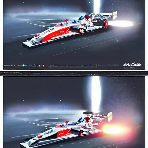 A formula 1 car orbiting around Earth in space, | Stable Diffusion
