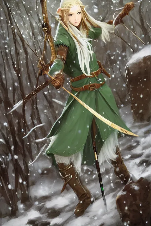 A female elven hunter holding a bow standing in the | Stable Diffusion ...