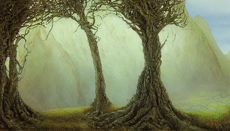 painting by John Howe of the two trees of valinor | Stable Diffusion | OpenArt
